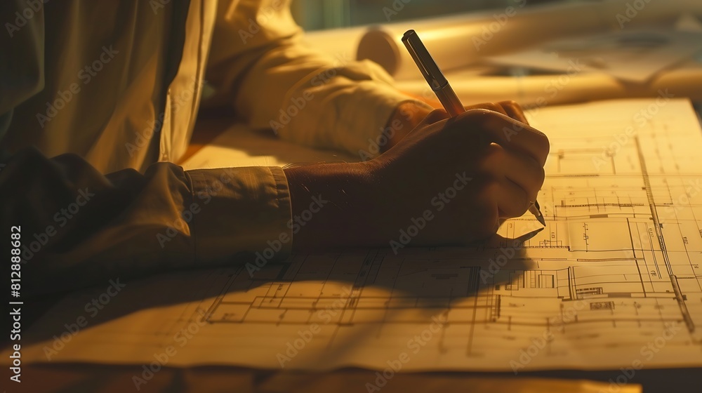 architect drawing on a blueprint on architectural project at the ...