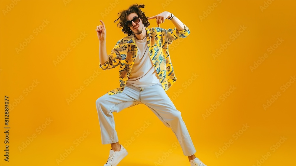 Full size photo of funky guy dance summer vacation active person wear ...