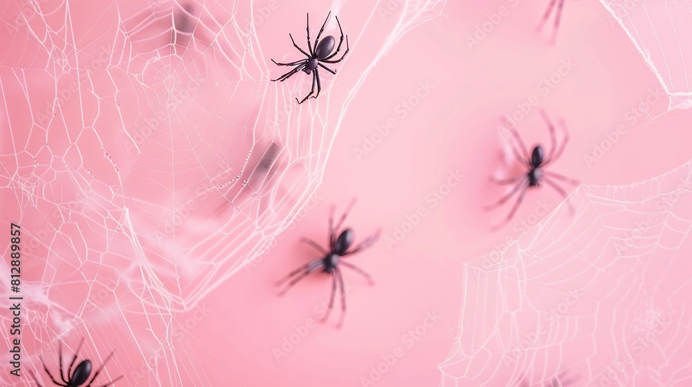 White spider web with black spiders on pastel pink background Minimal ...