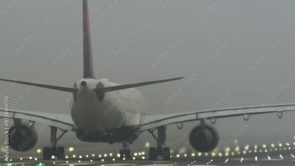 Airplane taking off from a runway, with fog and runway lights visible ...