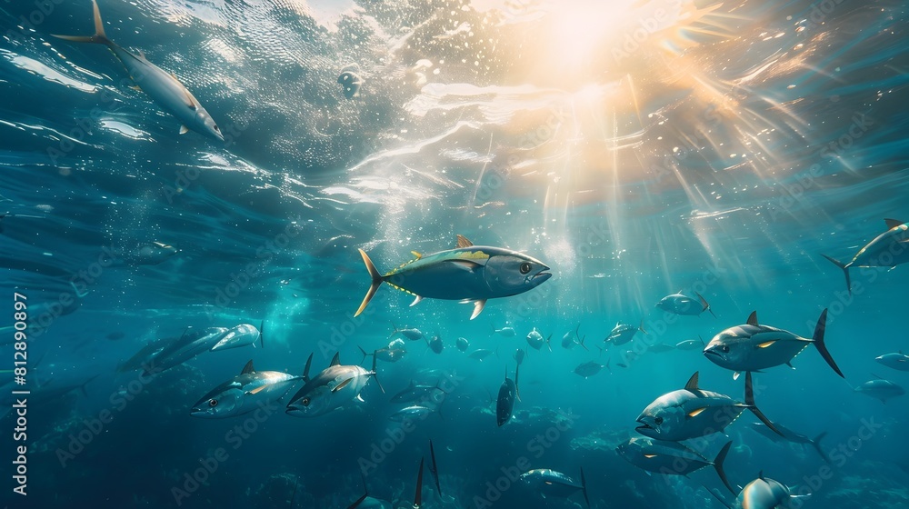 Yellowfin Tuna Fish Swimming Just Below the Shimmering Surface of a Sun ...