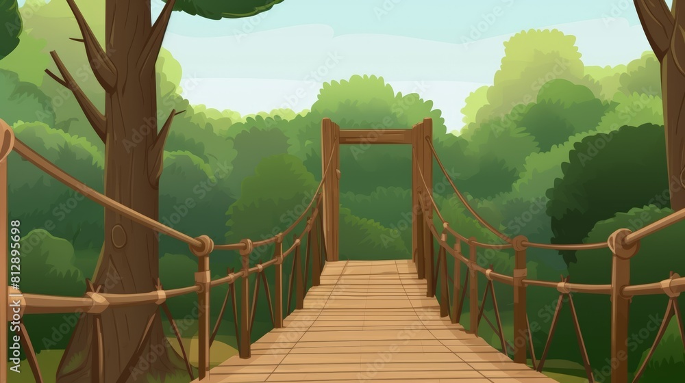 Calm, inviting scene depicting wooden suspension bridge stretched over ...