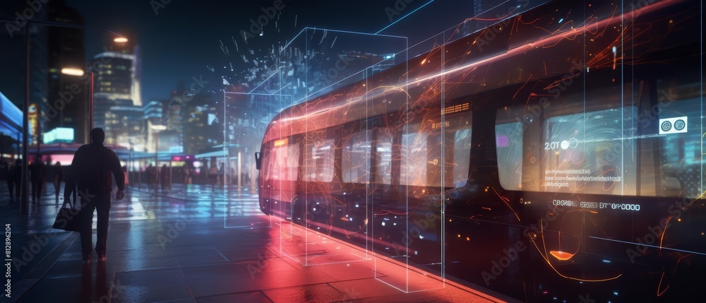 A Glow HUD maps out efficient public transport routes over a blur ...