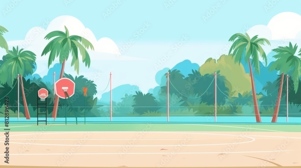 A cartoonish drawing of a basketball court with a red basketball net ...