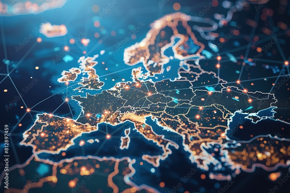 Digital Map of Europe with Global Network Connections,Global Network ...