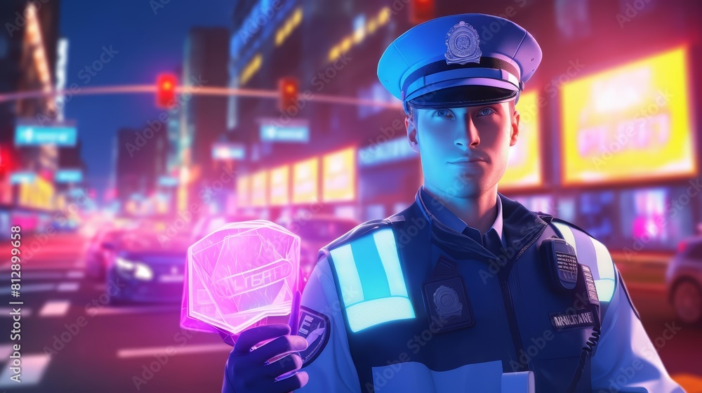 Closeup half body of a police officer with Glow HUD big icon of a badge ...