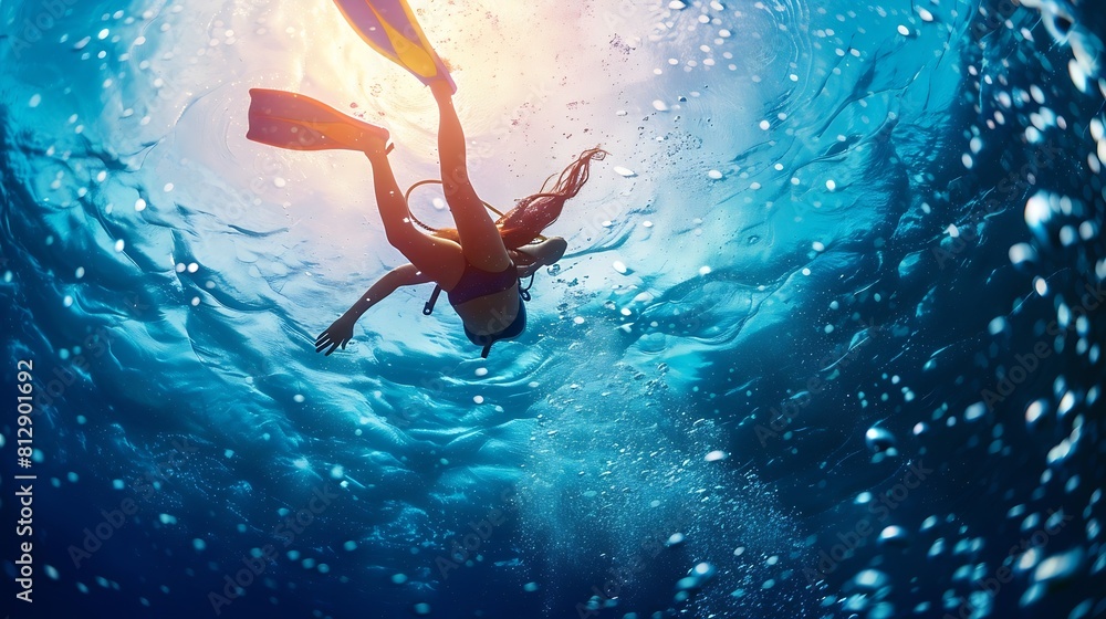 Underwater shoot of a young lady snorkeling and doing skin diving in a ...
