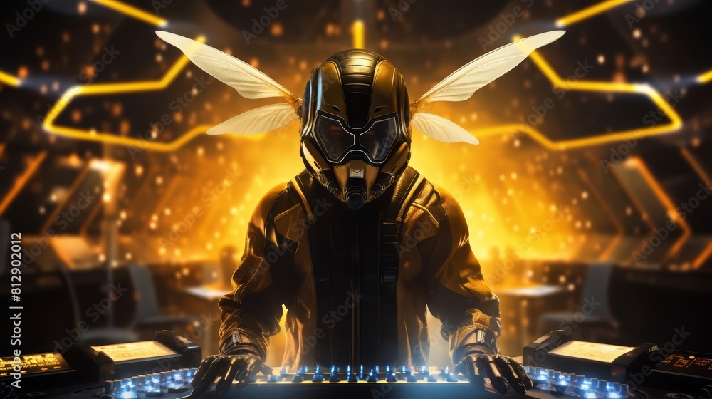Futuristic concept of a bee wearing a sleek, neonlit suit, managing a ...