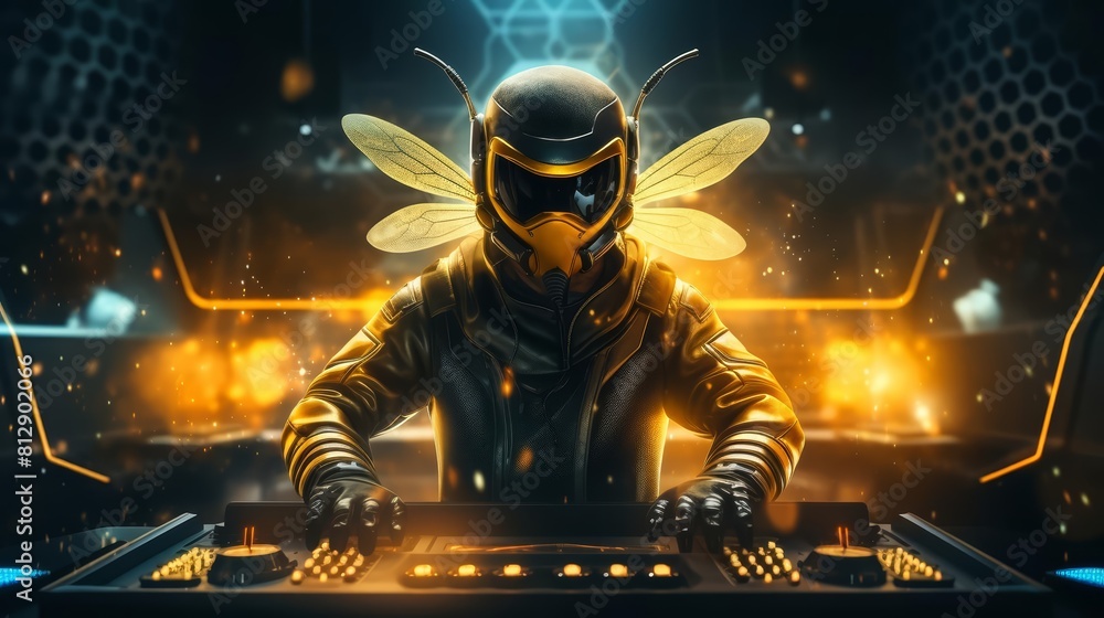 Futuristic concept of a bee wearing a sleek, neonlit suit, managing a ...