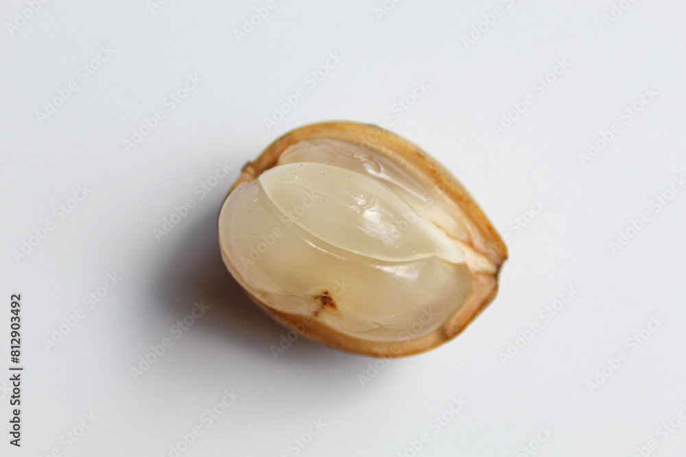 One fruit of Lansium domesticum var duku, known as duku, or langsat, or ...