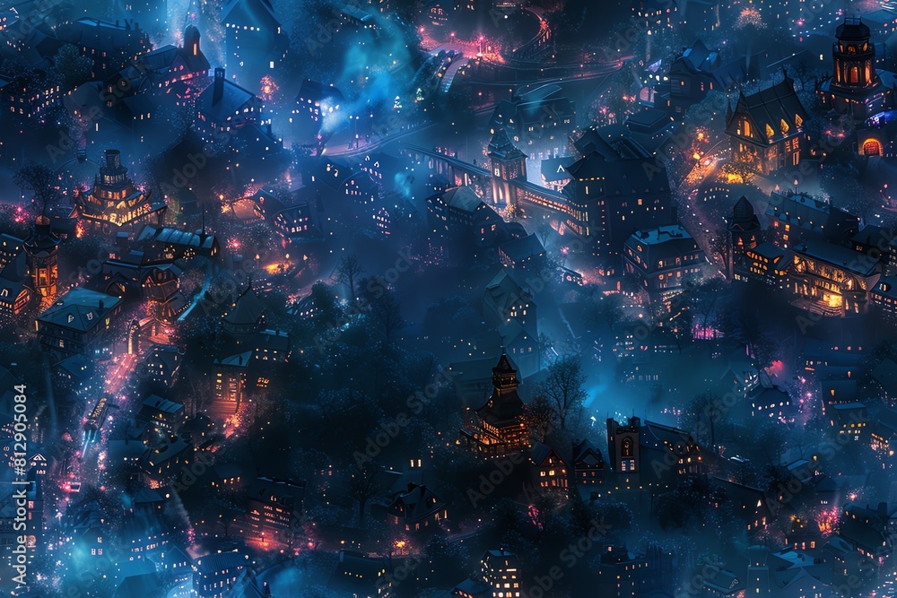 Craft a detailed aerial view of a NeoNoir city under a perpetual night ...