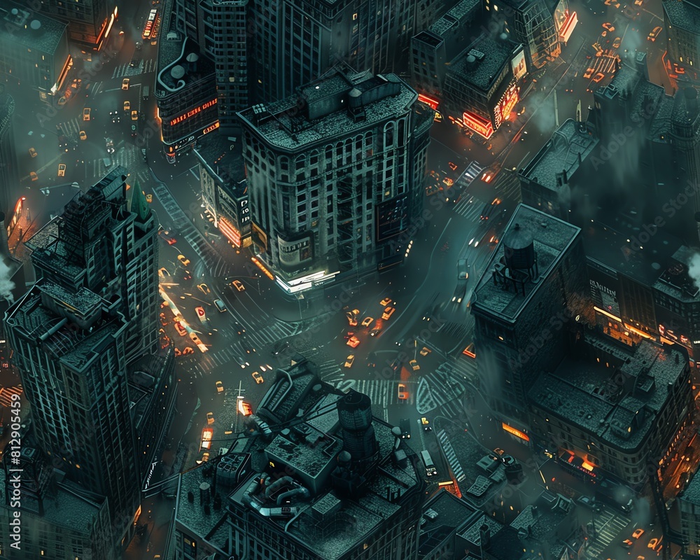 Evoke the gritty atmosphere of a bustling NeoNoir cityscape from an ...