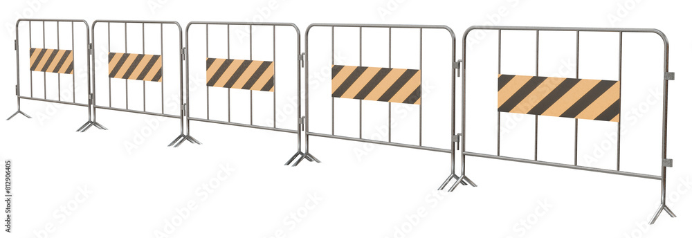 3D render showcases a sturdy steel barricade with clear caution signage ...