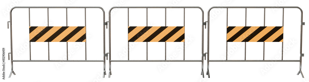 3D render of a steel barricade with welded feet and caution signage ...
