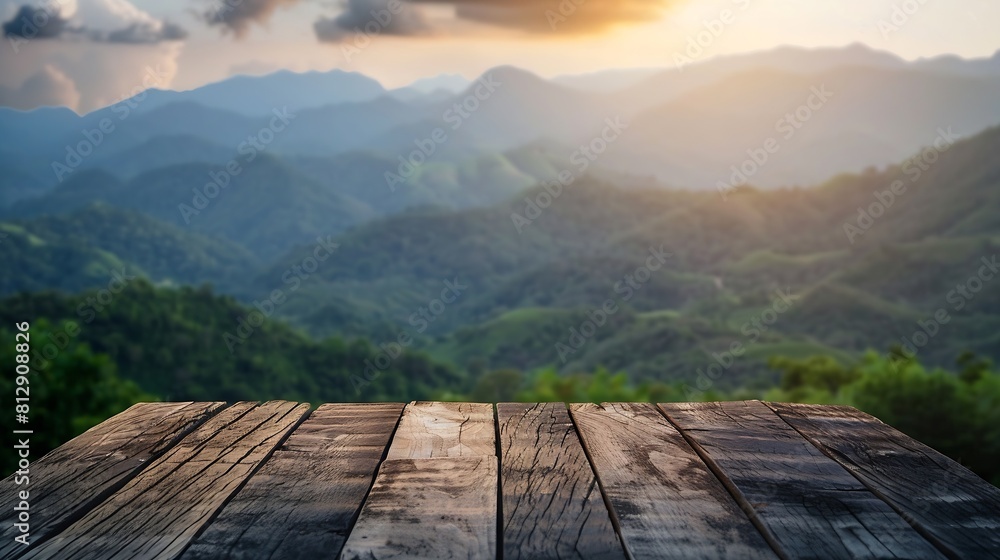Wood table top stand with blur mountain landscape view background in ...