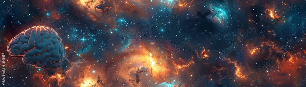 Illustrate the merging of a human brain with a celestial nebula in a ...