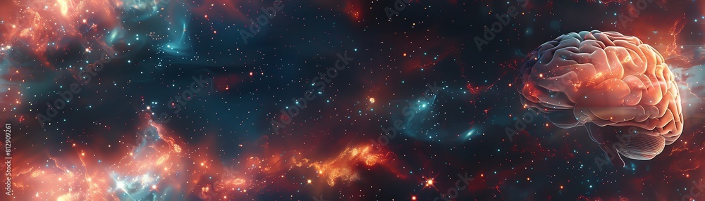 Illustrate the merging of a human brain with a celestial nebula in a ...