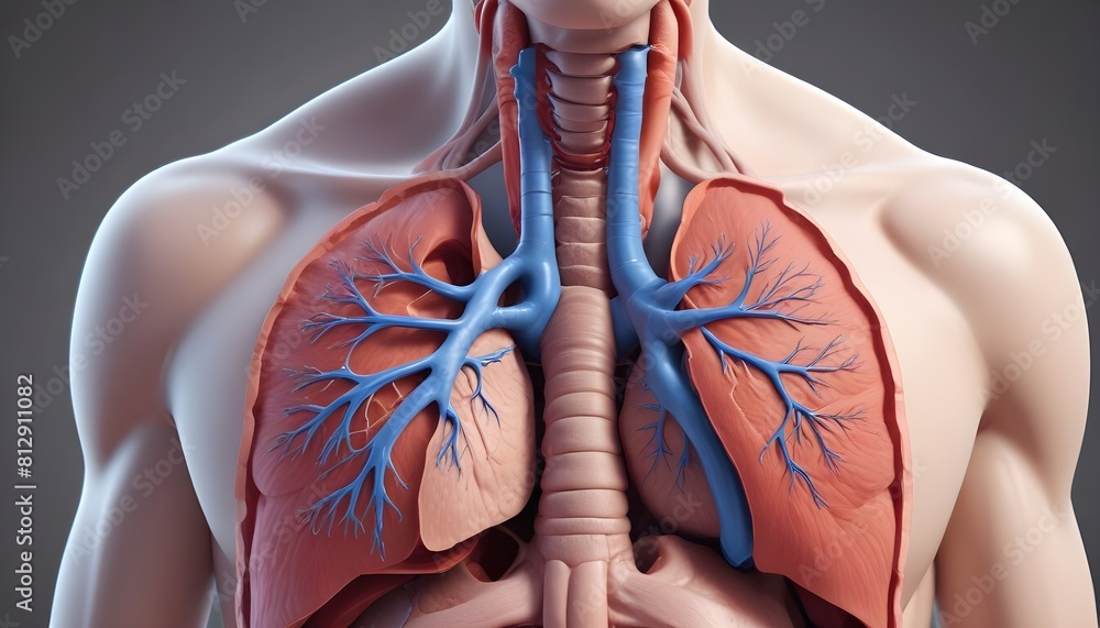 A detailed 3D medical illustration of the human respiratory system ...
