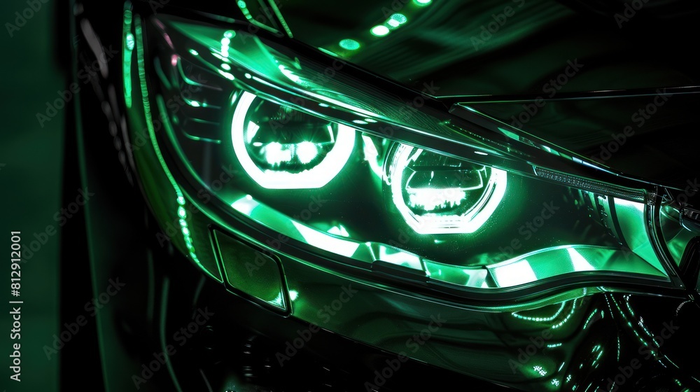 Closeup luxury green car headlights detailed with led lamp technology ...