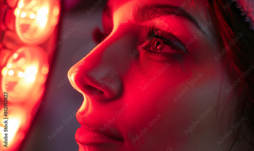 Red light therapy is used on the woman's face, which has a beneficial ...
