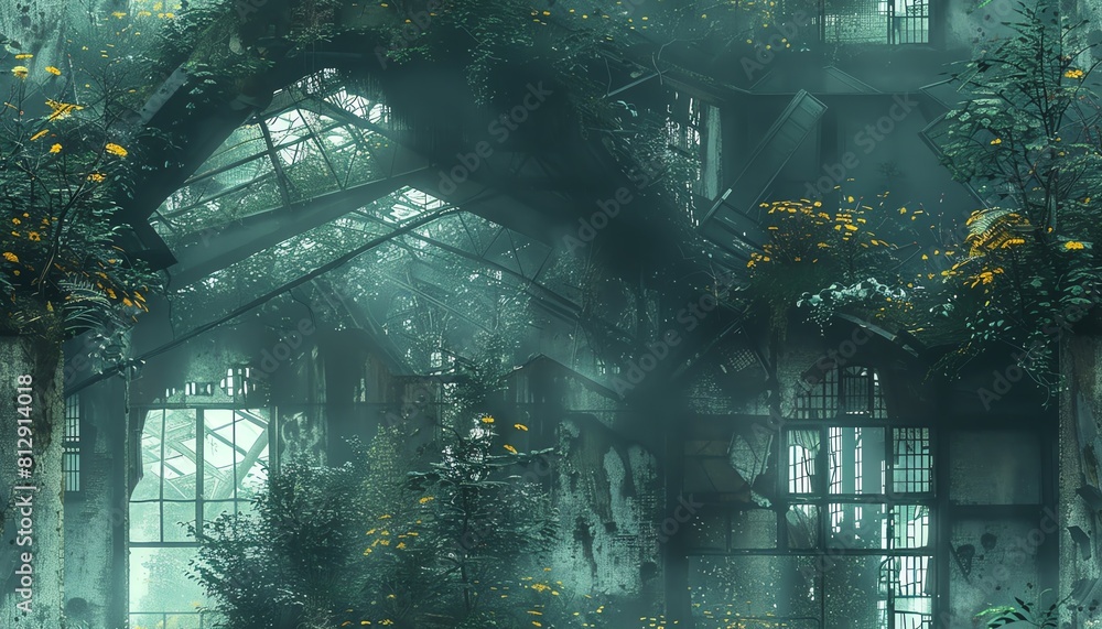 Illustrate a bleak, dystopian scene of an abandoned factory overtaken ...