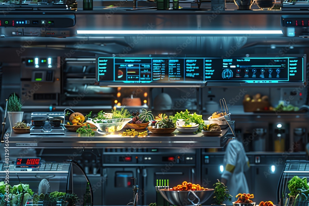 Capture a futuristic kitchen with holographic menu displays, robotic ...