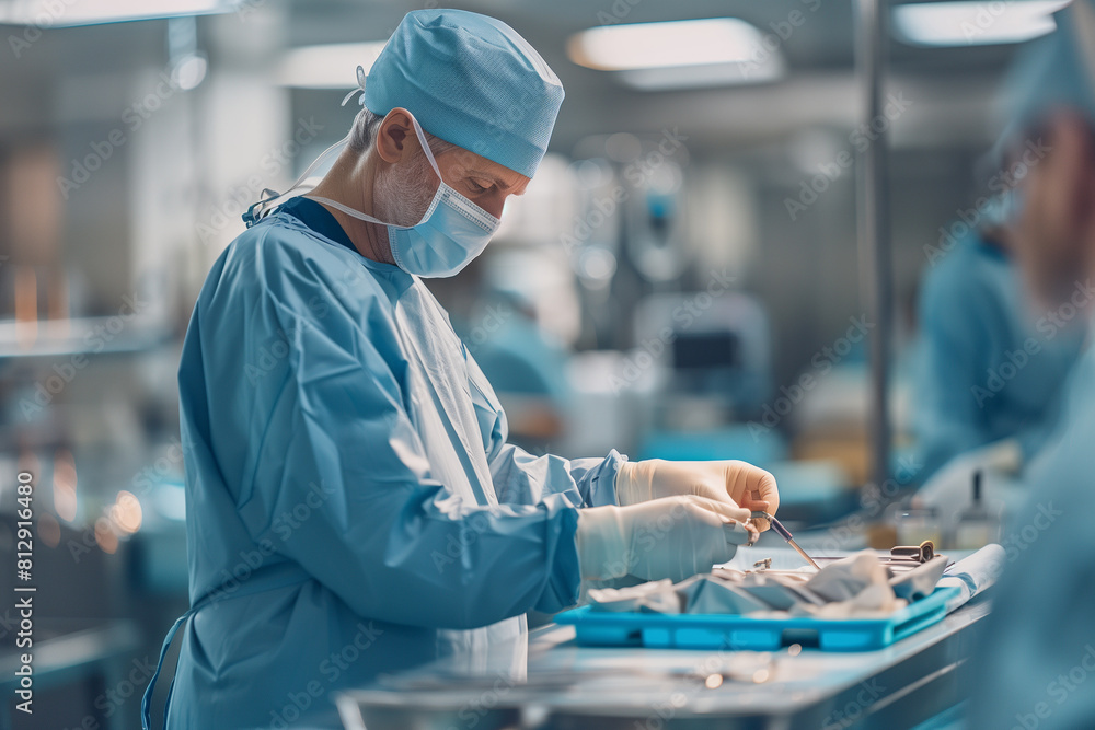 clinical environment, focused hands of a male surgeon as he prepares ...