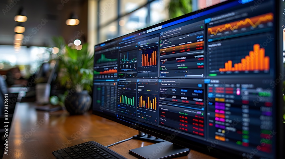 An up-close look at a monitor showing complex financial data, the ...