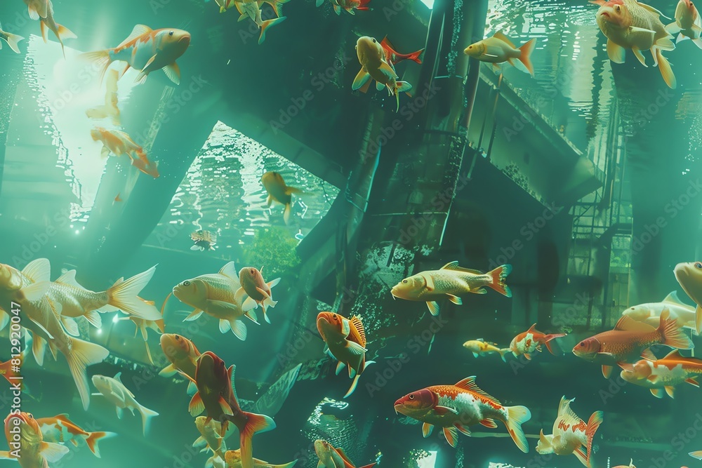 Imagine a school of street art-inspired fish swimming gracefully under ...