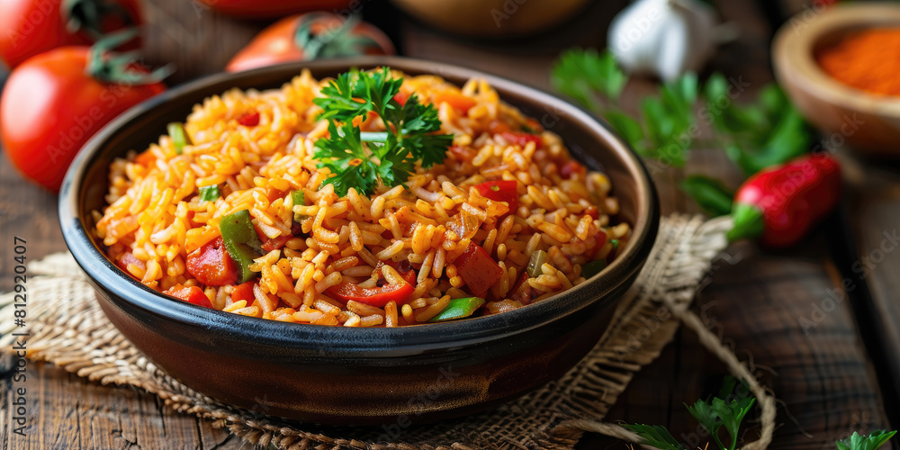 Jollof Rice on a rustic wooden table, Nigerian cuisine staple, Colorful ...
