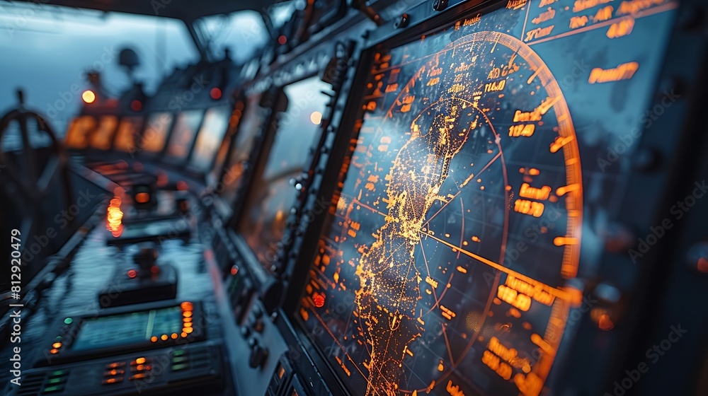 Close-up of a digital maritime control display in a navigation center ...