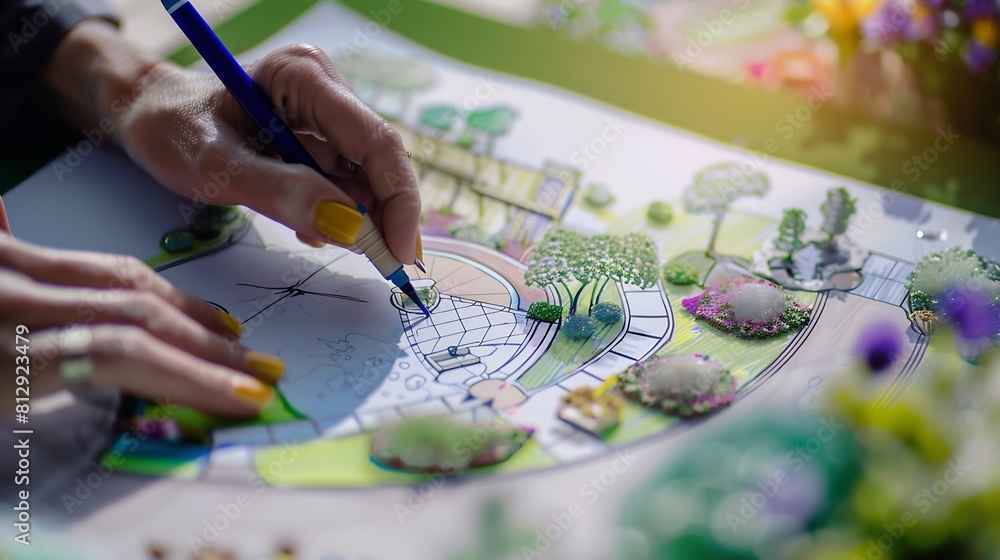 paper sheet of layout plan with hands and garden background that shown ...