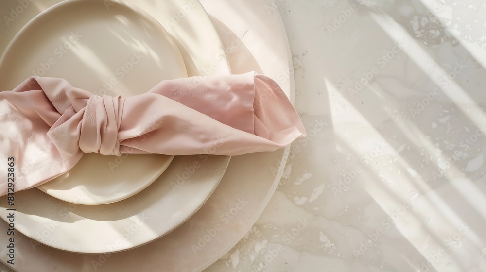 Beige ceramic plates and a pink napkin on a beige stone table Top view ...