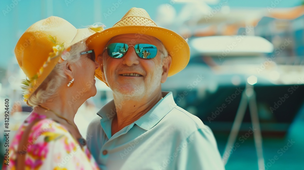 Positive elderly spouses together sharing joy of summer vacation near ...