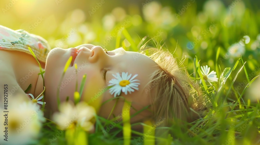 Banner with spring child face Spring kid Happy child enjoying on grass ...