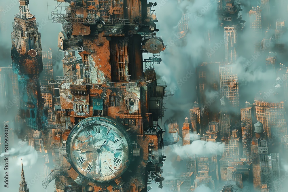 Capture a surreal scene of a floating citys decaying clock tower, using ...