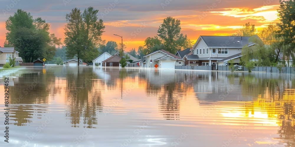 Reflective view of houses on a flooded residential street after heavy ...