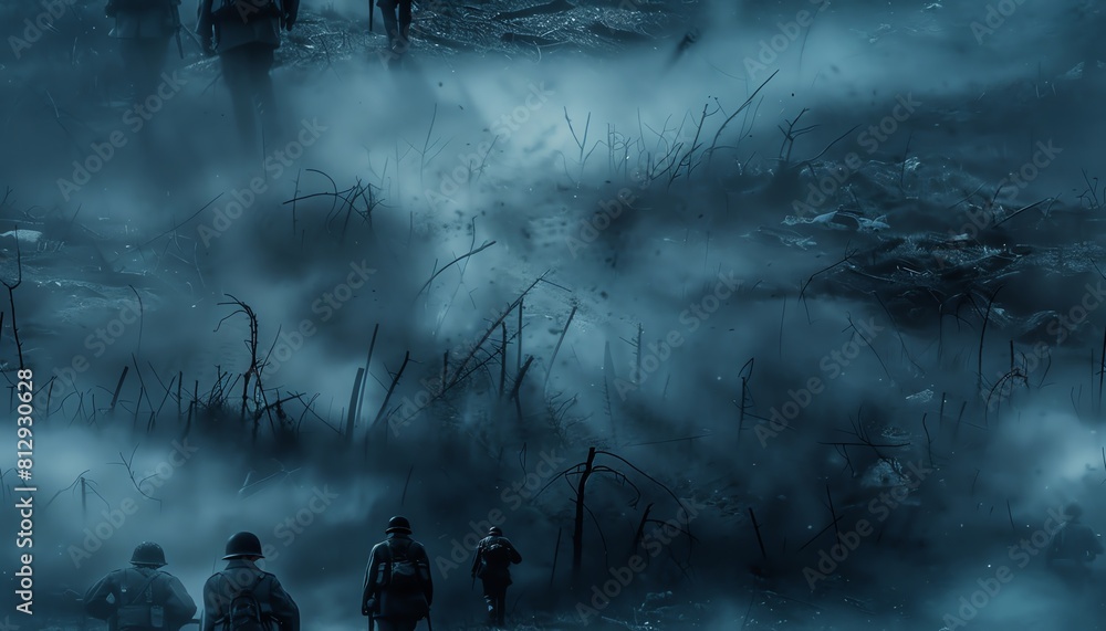 Illustrate a haunted battlefield from WWII with ghostly soldiers ...