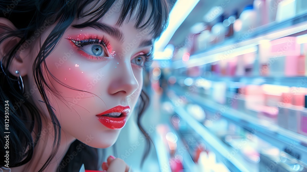 A girl browsing through a makeup counter in a department store, holding ...