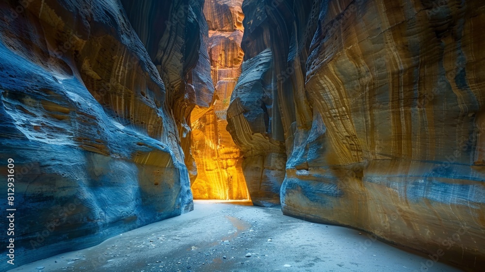 The Siq in Petra Jordan a narrow gorge flanked by towering cliffs ...