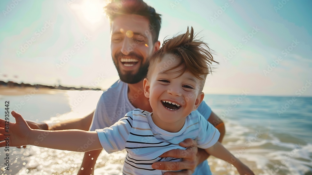 Smiling m and kid boy having fun together at the ocean Dad with son ...