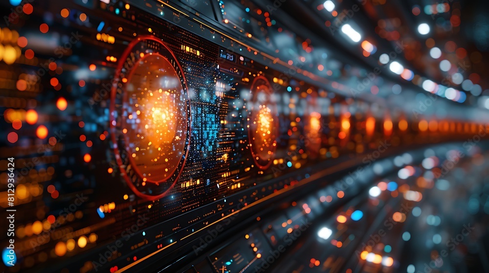ภาพประกอบสต็อก Detailed quantum computing monitor showing real-time ...
