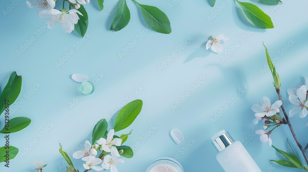 Beauty concept with facial cosmetic products green leaves and cherry ...