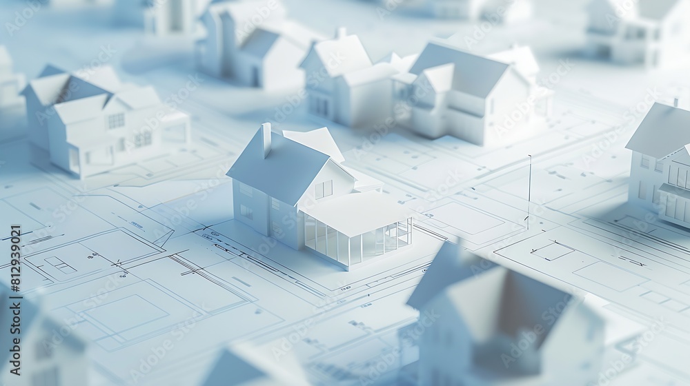 architectural model of houses on blueprint draw isolated on white ...