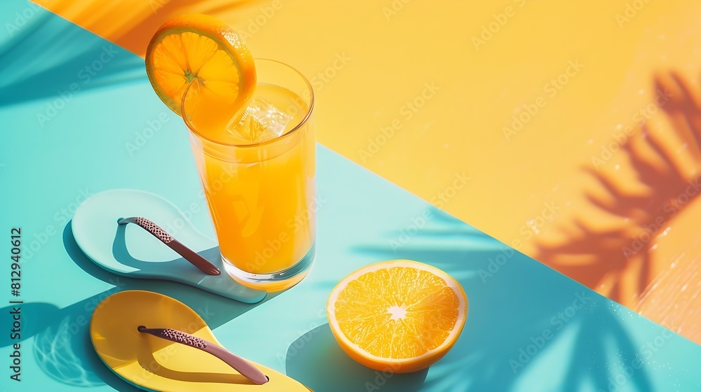 Summer holiday vacation background with orange juice and flip flops ...