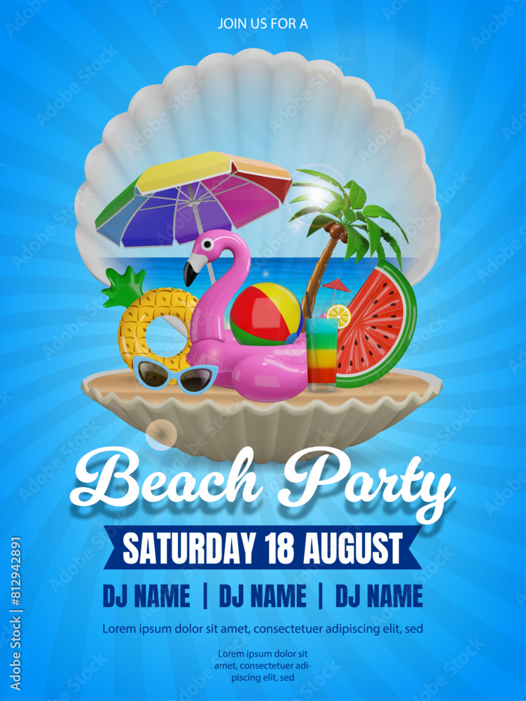 summer party poster with beach landscape in a shell. summer flyer with ...
