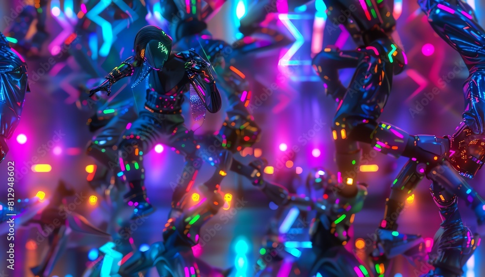 Design a futuristic street dance battle scene featuring cyborg ...
