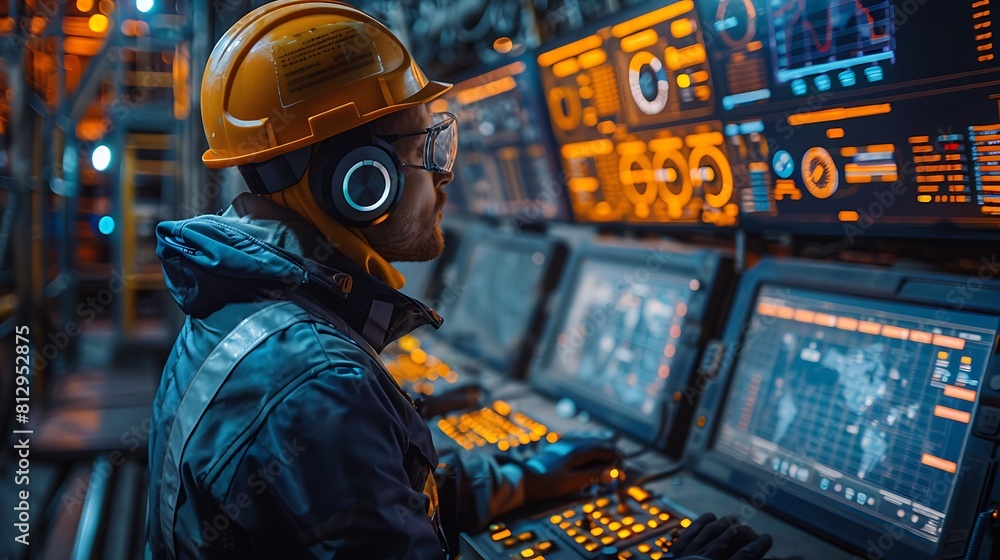 Hyperrealistic view of a mining operations monitor displaying detailed ...