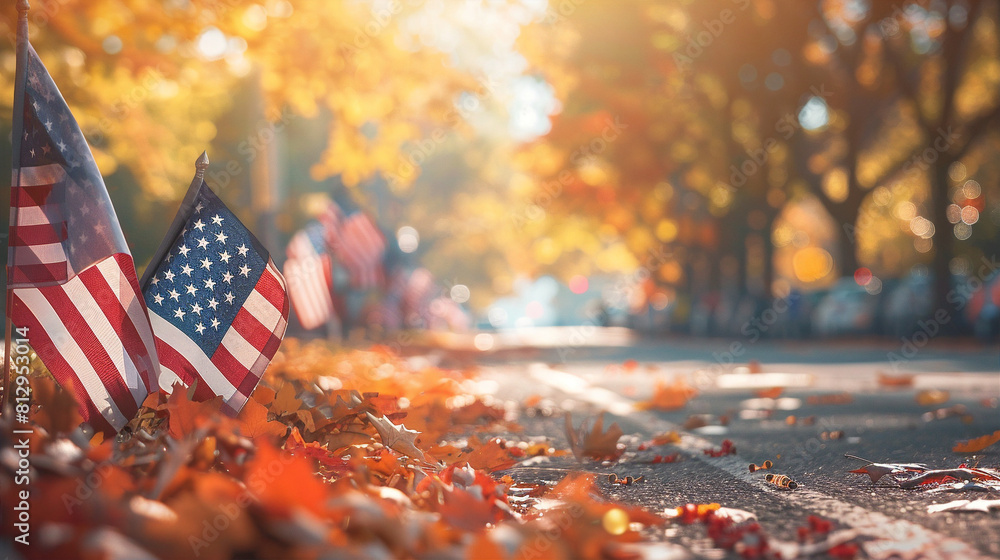 Patriotic autumn background with American flags and fallen leaves in ...