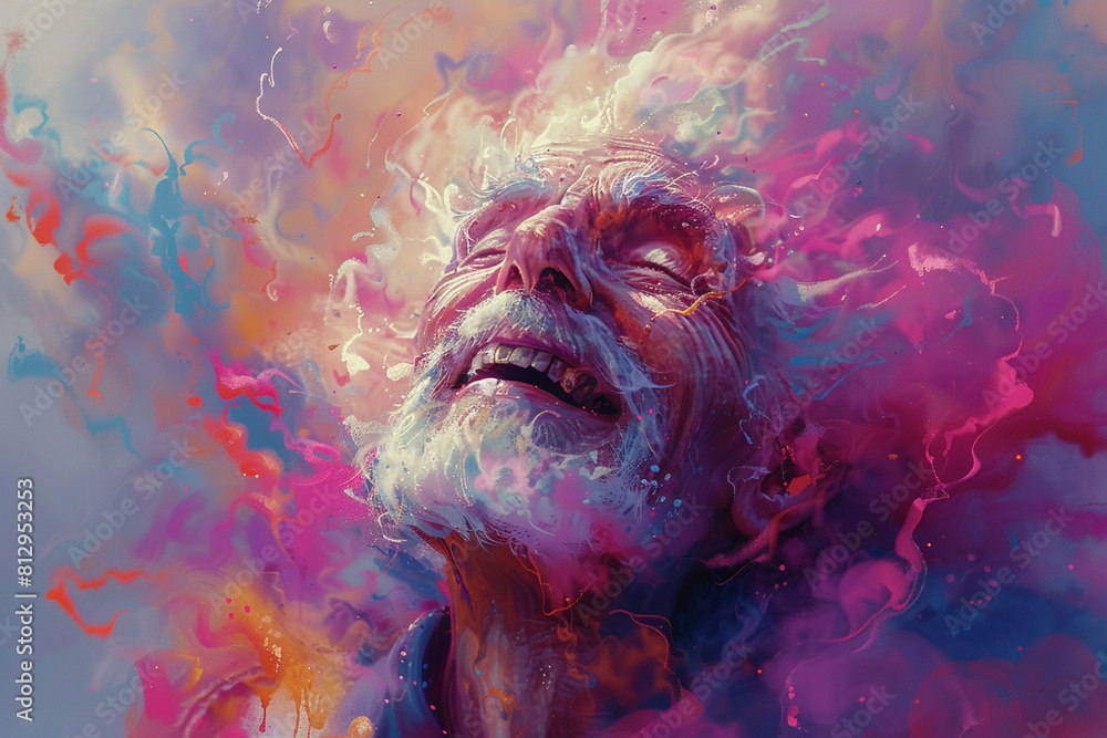 A face exploding with laughter, each wrinkle and tear conveying pure ...